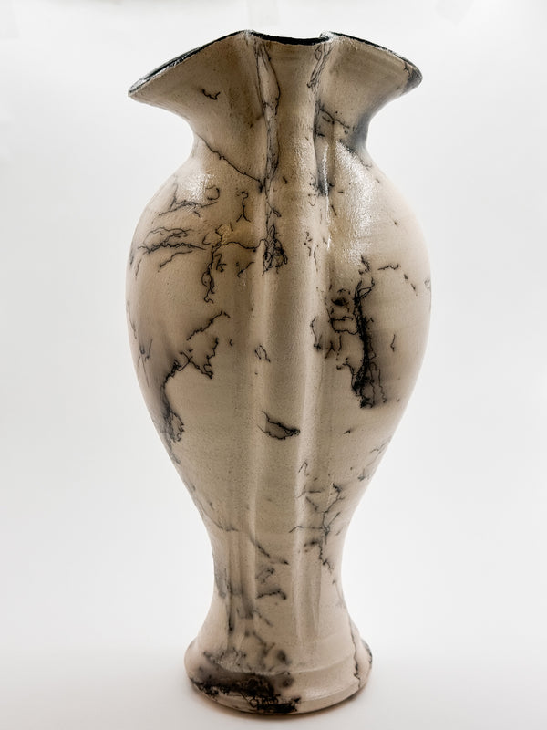 Raku Black and White Horse Hair Vase - Raiford Gallery Inc