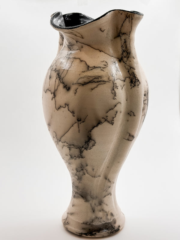 Raku Black and White Horse Hair Vase - Raiford Gallery Inc
